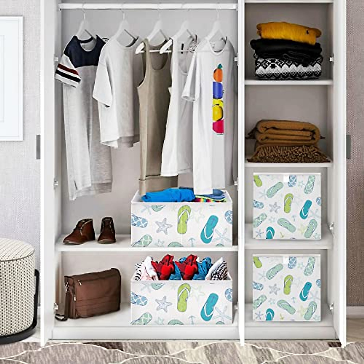 Flip Flops Summer Storage Basket Storage Bin Rectangular Collapsible Storage Containers Cute Bin Organizer for Closet Shelf Car