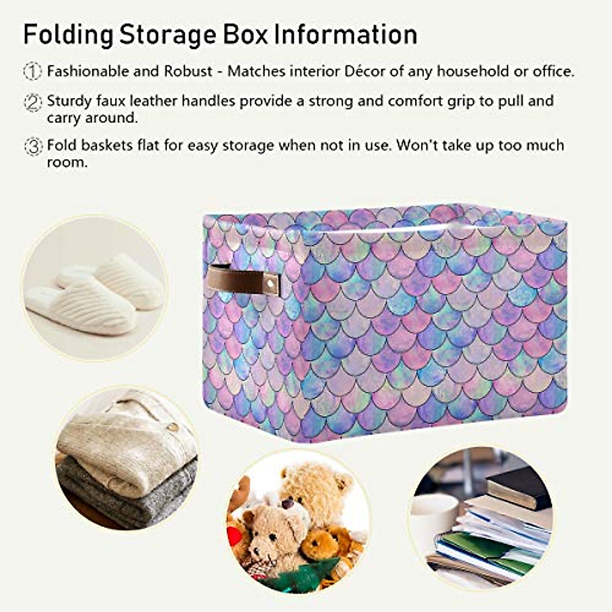 senya Large Foldable Storage Basket, Mermaid Fish Scale Wave Fabric Storage Bin Organizer Bag with Handles 15 x 11 x 9.5 inch
