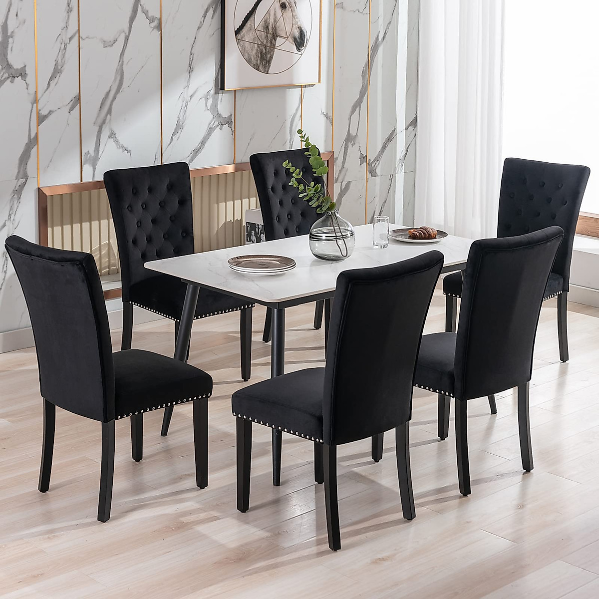 Restworld Velvet Fabric Dining Chair, American-Style Rural and Post-Modern Style Unique Design with Tufted Dining Room Chair Set of 4 (Black)
