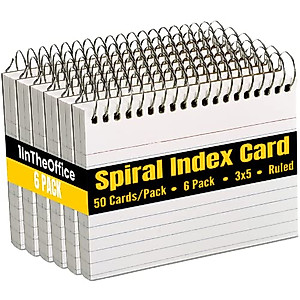 1InTheOffice Spiral Index Cards 3x5 Ruled, Notecard Spiral Bound, Ruled Index Cards Spiral Bound, Spiral Bound Index Cards 50 Cards/Pack, 6 Packs