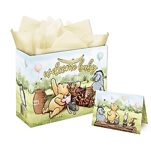 CORODER Winnie Gift Bag With Card and Tissue Paper Welcome Baby Gift Bags with Handle For Party Gift Wrapping Present Baby Shower Party Decorations Supplies(13 inch)