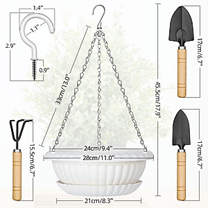 Hanging Planters, 5 Pcs 11" Hanging Pots, White Hanging Flower Pots, Hanging Plant Pots Baskets for Plants with Drainage Trays, Hanging Chains and Ceiling Hooks, Come with Free Garden Tools Set
