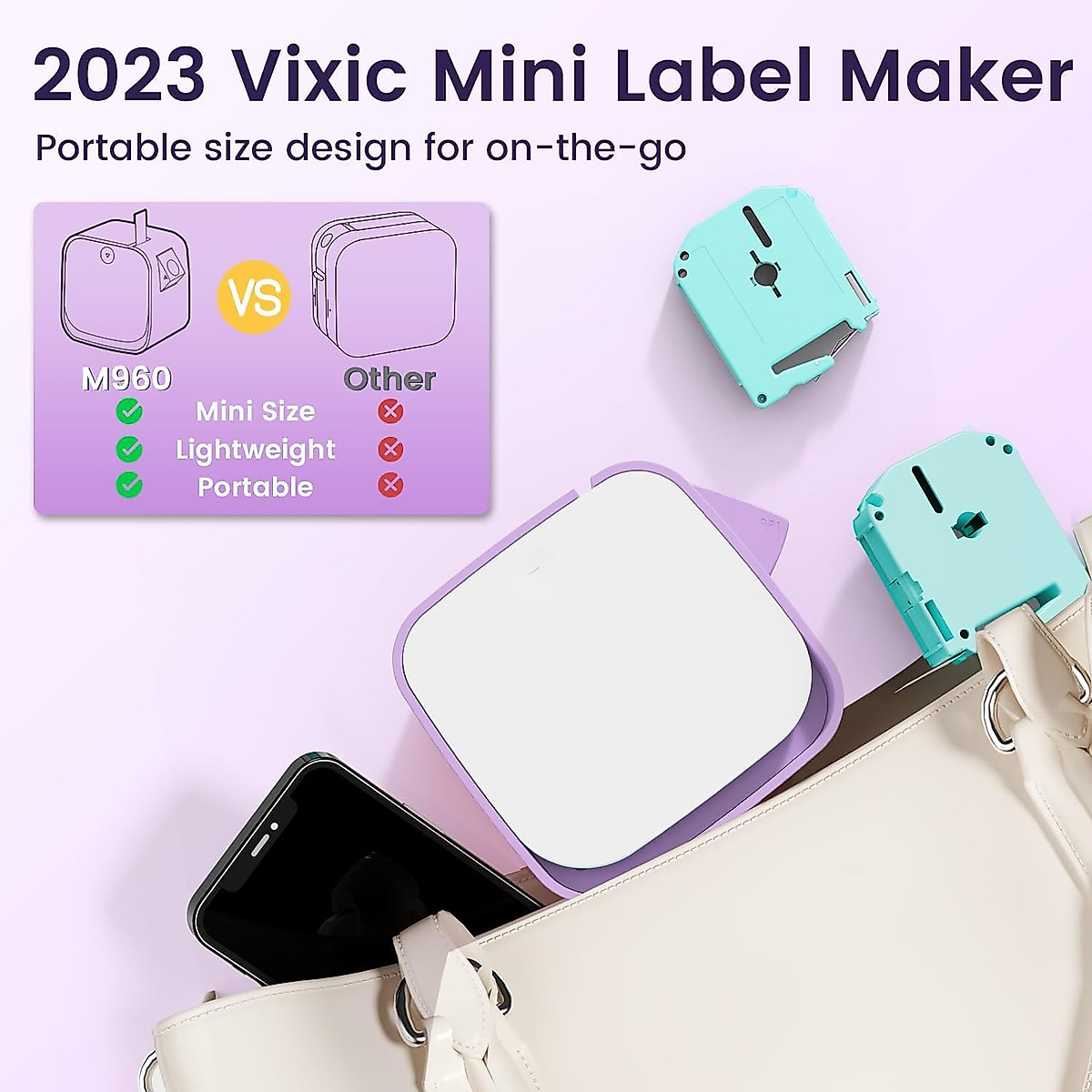 Vixic Bluetooth Label Maker Machine with Tape, Small Label Printer, M960 Label Sticker Portable Printer for 9mm, 12mm Label, Multiple Templates Font Icon for Office, Home, School, Purple