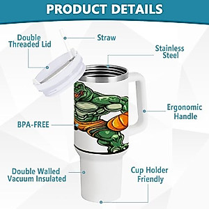Jihqo Dinosaur Playing Basketball 40 oz Stainless Steel Vacuum Insulated Tumbler with Handle and Straw Lid Reusable Leakproof Water Bottle Double Wall Travel Mug Coffee Cup, Cupholder Friendly