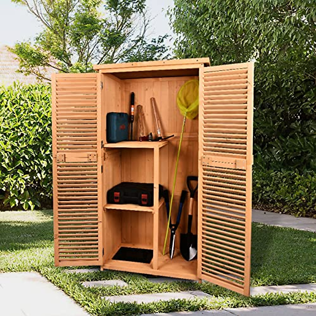 JOVNO Outdoor 63" Wood Storage Shed Tool Organizer Garden Storage Cabinet with Waterproof Roof, Lockable Doors, 3-Tier Shelves for Patio Lawn Backyard Home Garage