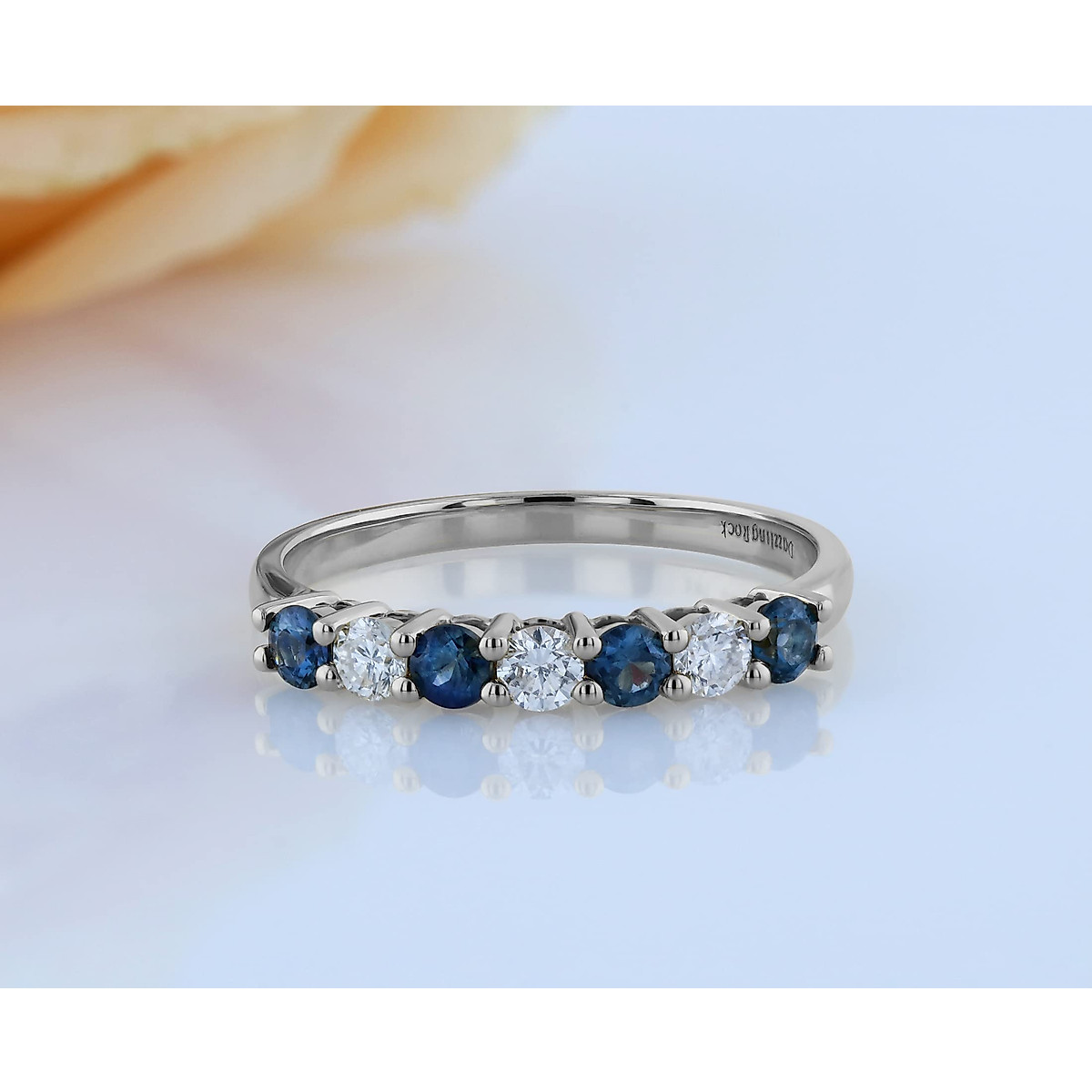 Dazzlingrock Collection 2.5mm Each Round Blue Sapphire & White Diamond 7 Stone Stackable Wedding Band for Women in 14K White Gold, Size 6.5