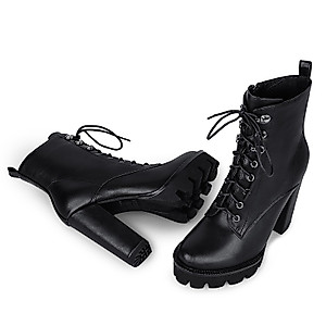 wetkiss Platform Boots for Women Combat Boots Womens Black Boots for Women Chunky Heel Boots for Women High Heel Boots Ankle Boots Black Booties Heeled Boots for Women Lace Up Black Leather Boots
