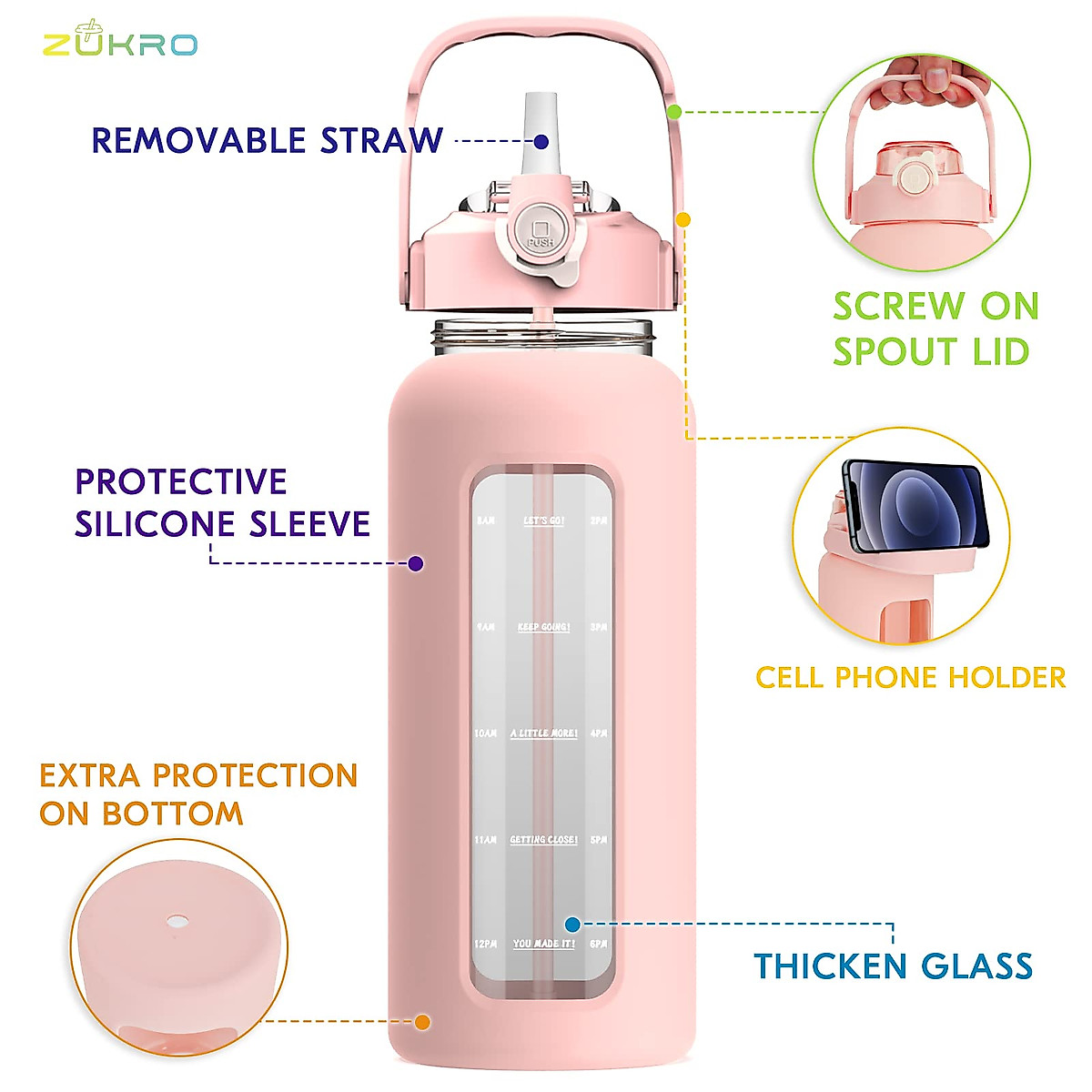 Zukro 64 oz Glass Water Bottle, Motivational Reusable Large Half Gallon Reusable Water Jug With Handle and Straw, Silicone Sleeve for Sport, Gym and Workout, Time Marker Reminder Quotes to Drink