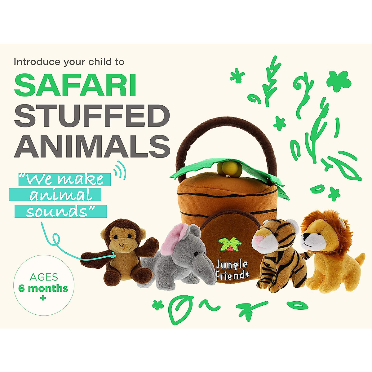 Jungle Animals Talking Plush Baby Toy – 5 Piece Small Stuffed Animals Set Including Jungle House Carrier and Stuffed Monkey, Lion, Tiger & Elephant – These Mini Toys are Ideal for Boys and Girls