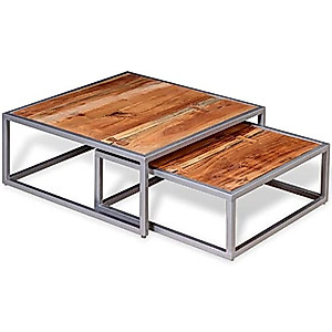 QJBSAVVA Two Piece Coffee Table Set Solid Acacia Wood,Industrial Tables Floor Standing Table Cocktail Table Suitable for Meeting Rooms, Reception Rooms, Offices