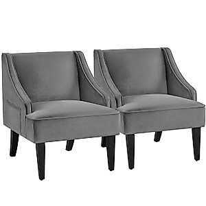 Yaheetech Accent Chairs Set of 2, Gray Barrel Chair with Storage Pocket, Retro Armchair with Rubberwood Legs for Bedroom Home Office, Gray