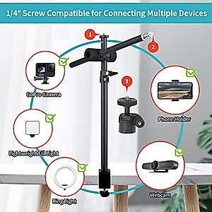 JEBUTU Overhead Camera Mount Desk Stand with 360° Adjustable Holding Arm, Flexible Phone Stand with 360° Ballhead and Phone Mount Holder, Boom Stand for Microphone, Video Light, Webcam, Cell Phone