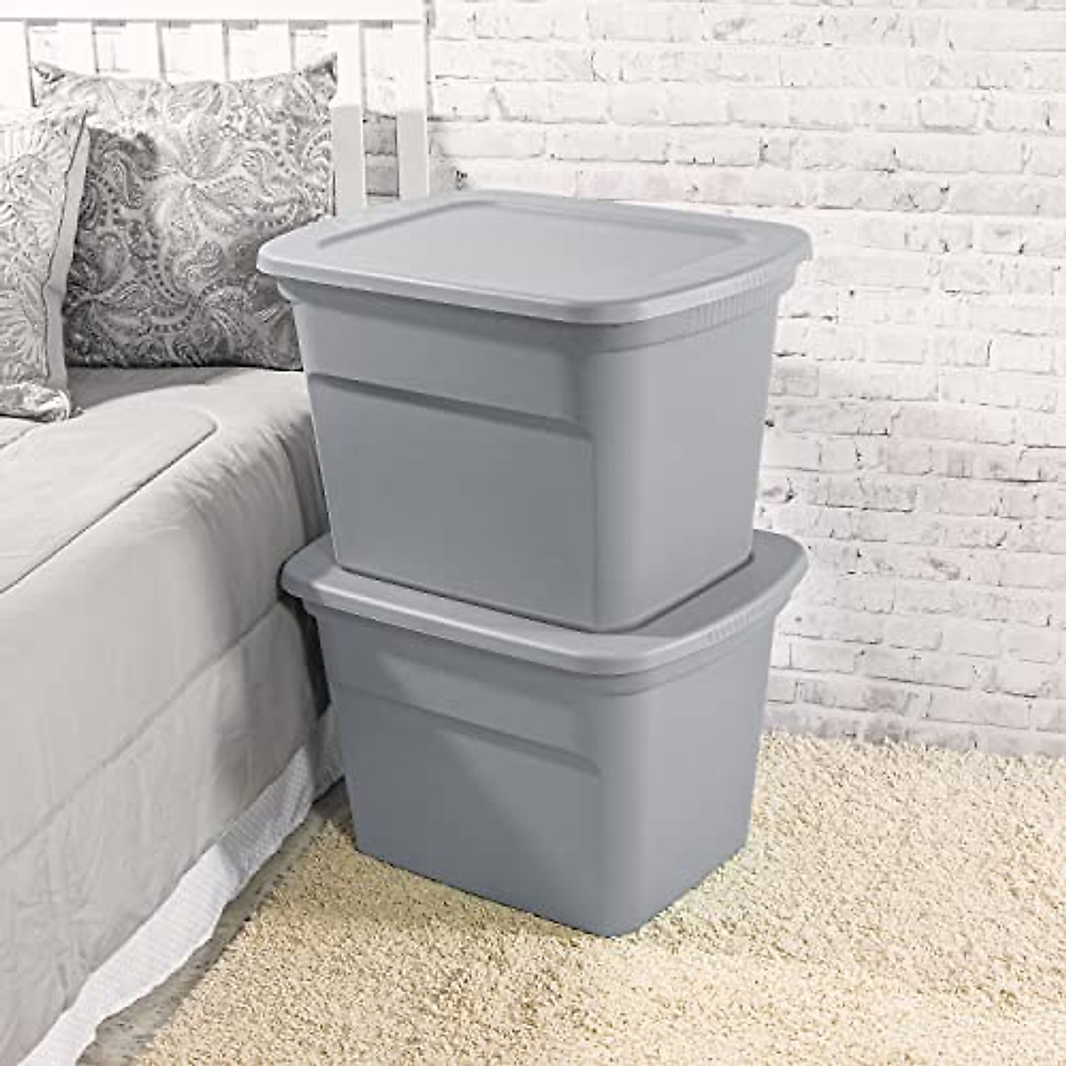 Sterilite 18 Gal Storage Tote, Stackable Bin with Lid, Plastic Container to Organize Clothes in Closet, Basement, Gray Base and Lid, 8-Pack