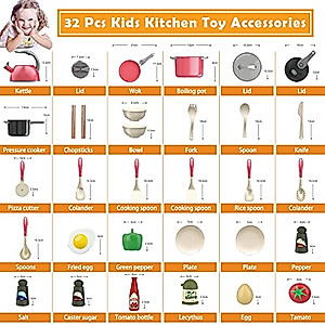 Bruvoalon 32Pcs Kids Play Kitchen Toys Set, Toddlers Pretend Cooking Playset Acccessories with Pots Pans, Utensils Cookware, Foods, Canned Veges, Learning Gift for Kids Girls Boys (Red)