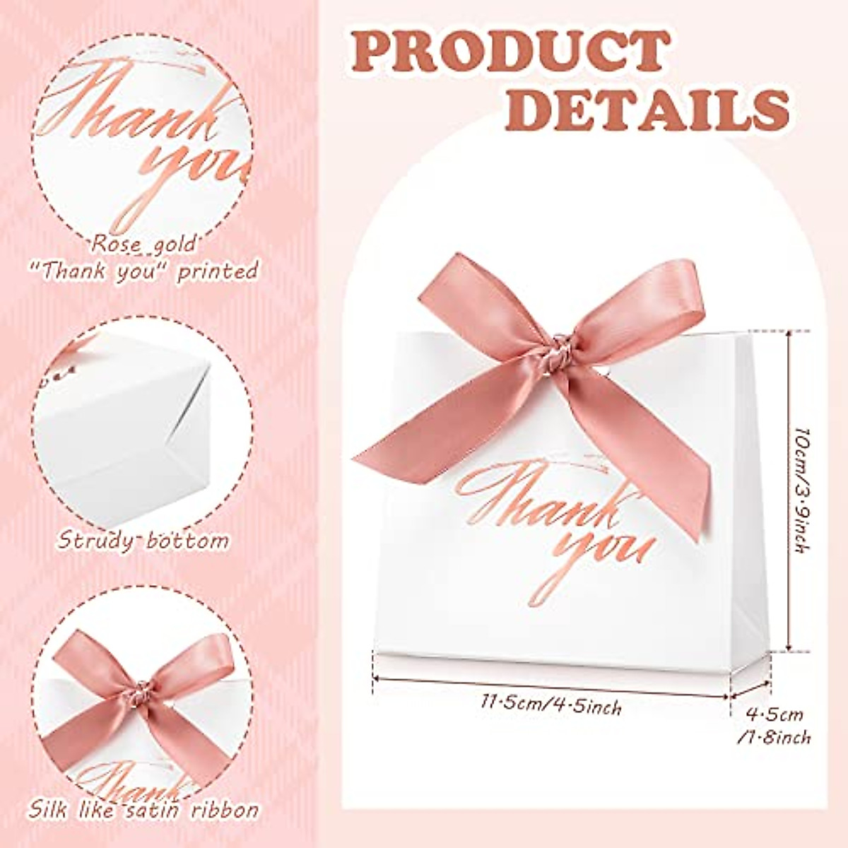 32 Pack Small Thank You Gift Bags with Rose Gold Bow Ribbon Wedding Party Favor Bags Mini Paper White Treat Thank You Box for Wedding Bridal Shower Birthday Baby Shower, 4.5 x 1.8 x 3.9 Inch