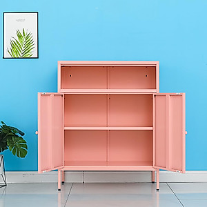 Fumedo 2 Door Metal Storage Accent Cabinet for Bed Room,Living Room,Home,Hotel,Office,Garage,Kitchen,2-Tier,1 Removable Shelf,7.1''H Open Top Space. (Pink)