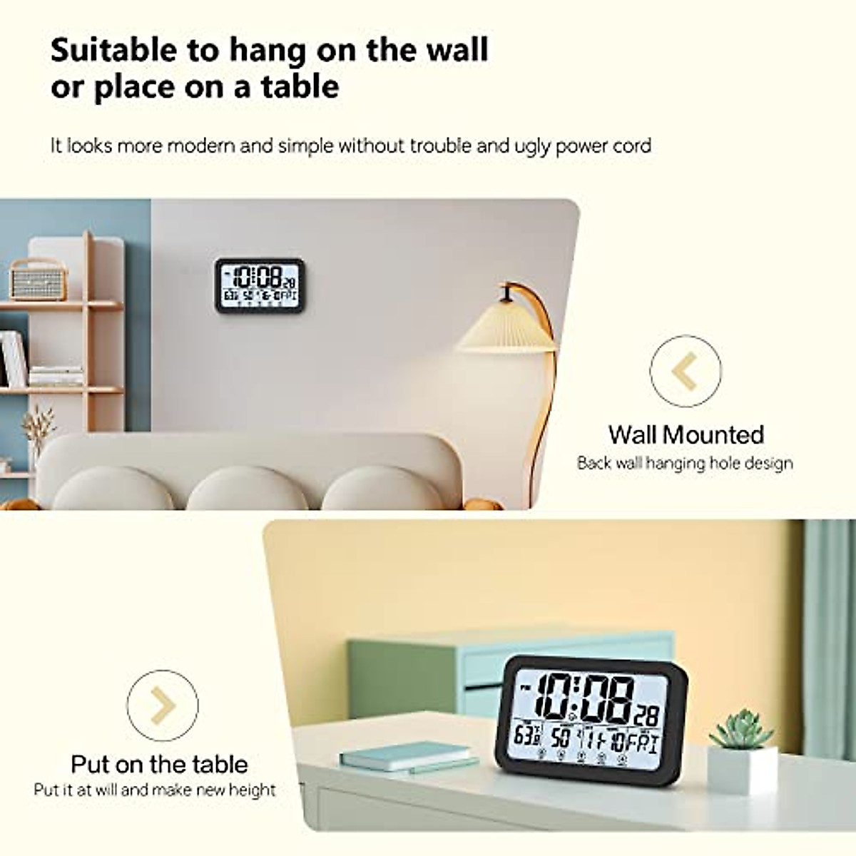 Digital Clock, Digital Wall Clock Battery Operated, Clocks with Large Display, Alarm Clock with Backlight, Desk Clock with Temperature Humidity Day Date for Bedroom Living Room Office (Black)