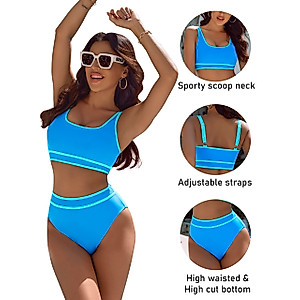 BMJL Women's High Waisted Bikini Sets Sporty Two Piece Swimsuits Color Block Cheeky High Cut Bathing Suits(M,Blue)