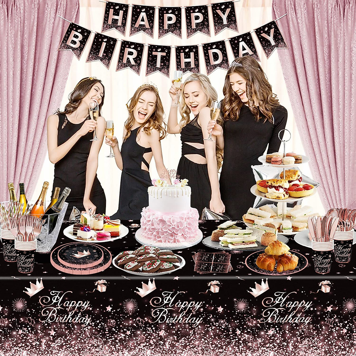 225 PCS Black and Rose Gold Party Decoration Black Rose Gold Dinnerware Set Rose Gold & Black Party Supplies Rose Gold and Black Birthday Party Supplies-Plates, Banners, Balloons, Tablecloth Serves 20