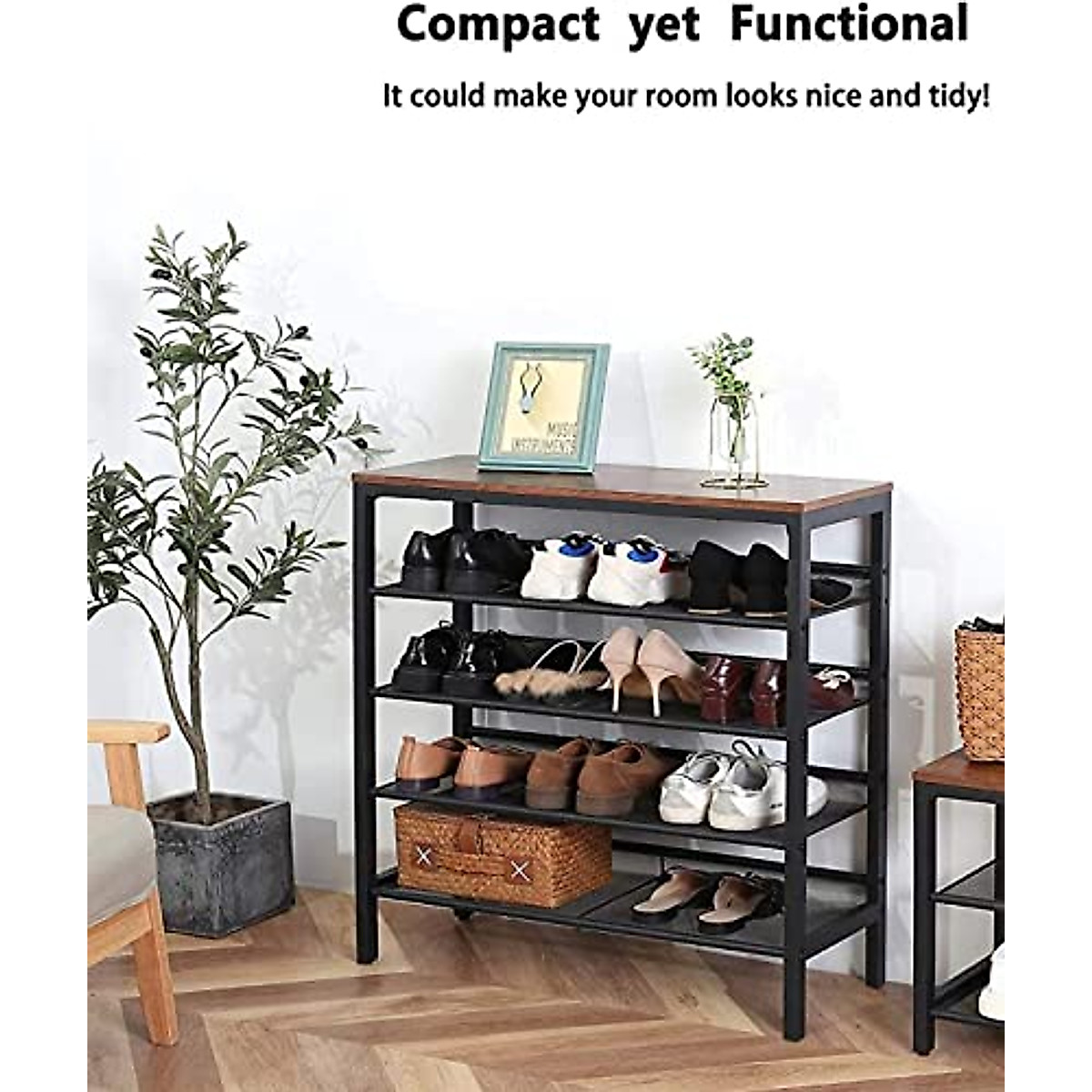 MIERES 5-Tier Shoe Rack, Industrial Shoe Storage Organizer with 4 Metal Mesh Shelves, Sturdy and Easy Assembly, Perfect for Entryway/Hallway/Closet/Bedroom, Rustic Brown, 29.5”l x11.8 ”w x 33.5”h