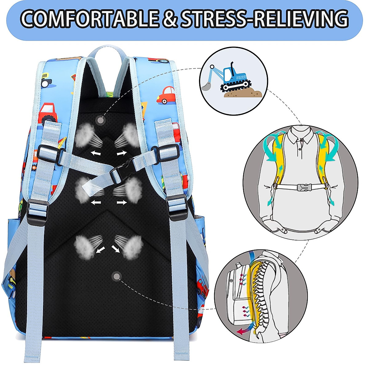 AUIVTY Preschool Backpack for Boys, Kids Backpack with Lunch Box Construction Backpack for Preschool Kindergarten Daycare and Travel, Car School Bookbag with Chest Buckle (Construction-Light Blue)