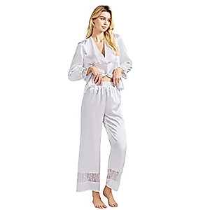 AW BRIDAL 2Pcs Comfy Womens Loungewear Set Pj Set V-Ncek Silk Pajamas For Women, Long Satin Pajamas Women, White, L| Bridal Party Pajamas Bride Gifts Bridesmaid Gifts For Wedding Day