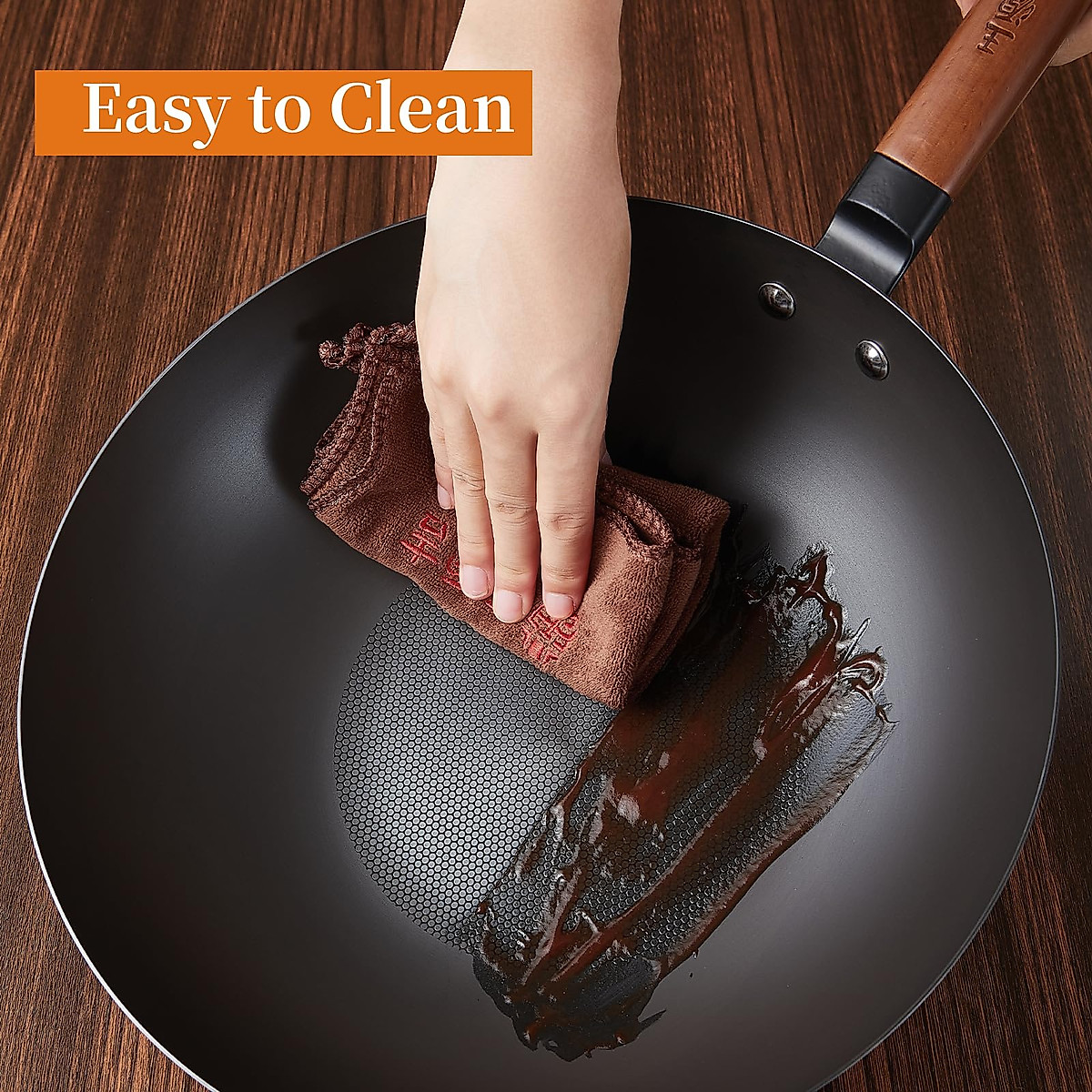 WANGYUANJI Iron Wok 12.6 inches,Wooden Handle Chinese Iron Pot Carbon Steel Wok Non-Coated Stir Fry Pan,Suitable for Home Cooking, Compatible with Induction, Gas, and Electric Ceramic Cooktops