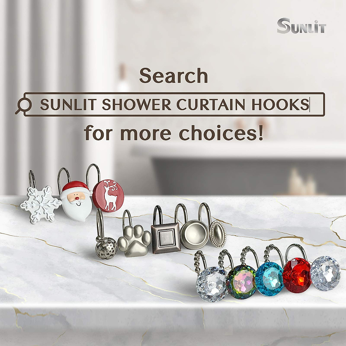 Sunlit Luxury Design Round Clear Diamond Crystal Gem Bling with Glide Balls Shower Curtain Hooks, Rust Proof Metal Rhinestones Glam Shower Curtain Rings-12 Pack