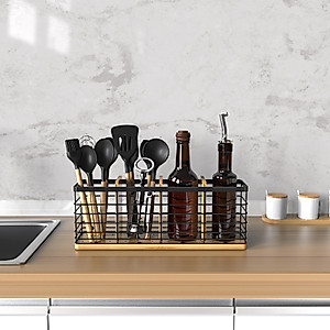 ALOCEO Kitchen Utensil Holder for Countertop - Large Matte Black Utensil Holder with Wooden Base - Multifunctional Farmhouse Cooking Utensil Organizer, Rustic Cooking Utensil with 4 Compartments