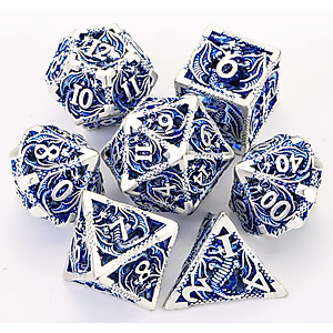 Polyhedral Dice Set Hollow Metal DND Dice Dungeons and Dragons Dice Set Gifts 7CPS Role Playing Dice Set with Gift Metal Box Suitable for D&D Table Games Cards Tower MTG RPG(Dragon_Pearl Silver Blue)