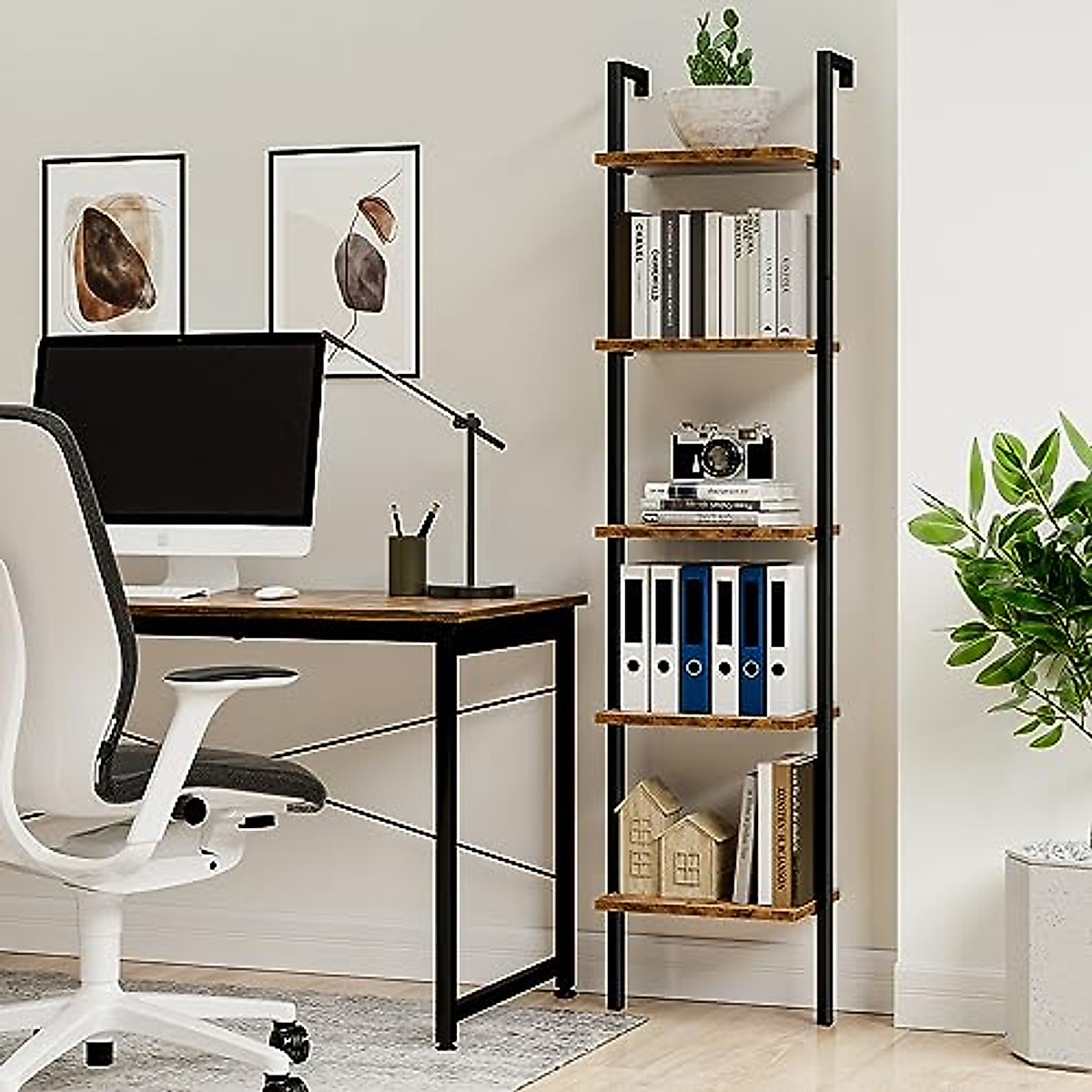 NUMENN Industrial Ladder Shelf, 5 Tier Book Shelf, Open Space Wall Mount Bookshelf with Metal Frame, Sturdy Book Shelves, Bookcase for Living Room, Home Office Shelf, Vintage Brown