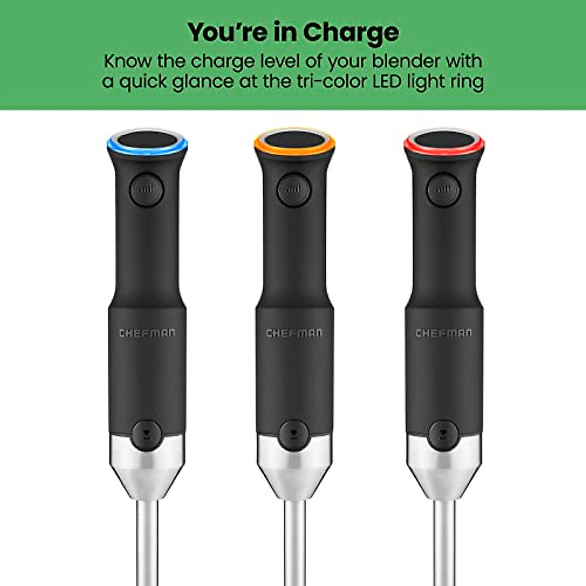 CHEFMAN Cordless Portable Immersion Blender 5-in-1 Blender Set, Ice Crushing Power with One-Touch Speed Control, Comes with Potato Masher, Whisk, Chopper, Beaker, and Storage Case, Stainless Steel