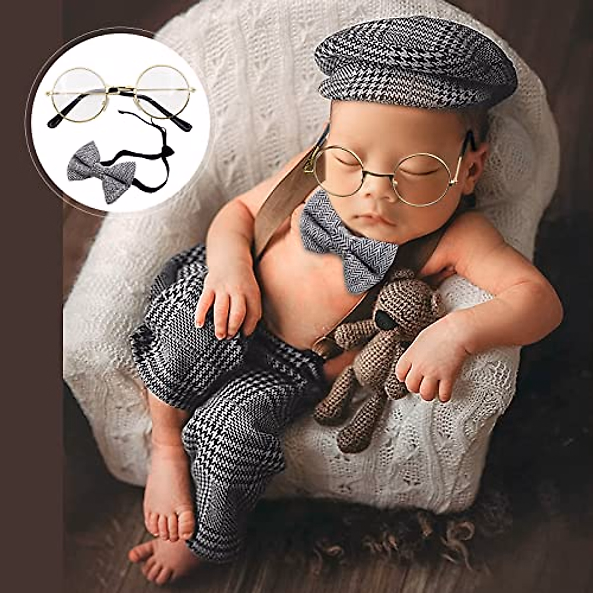 SPOKKI 4 Pcs Newborn Baby Photo Props, Lattice Rompers Suspender Pants with Beret Glasses Bow Tie for Infant Boys' Costumes, Newborn Boy Photography Outfit Set, Checked Fabric Gentleman Suit (Grey)