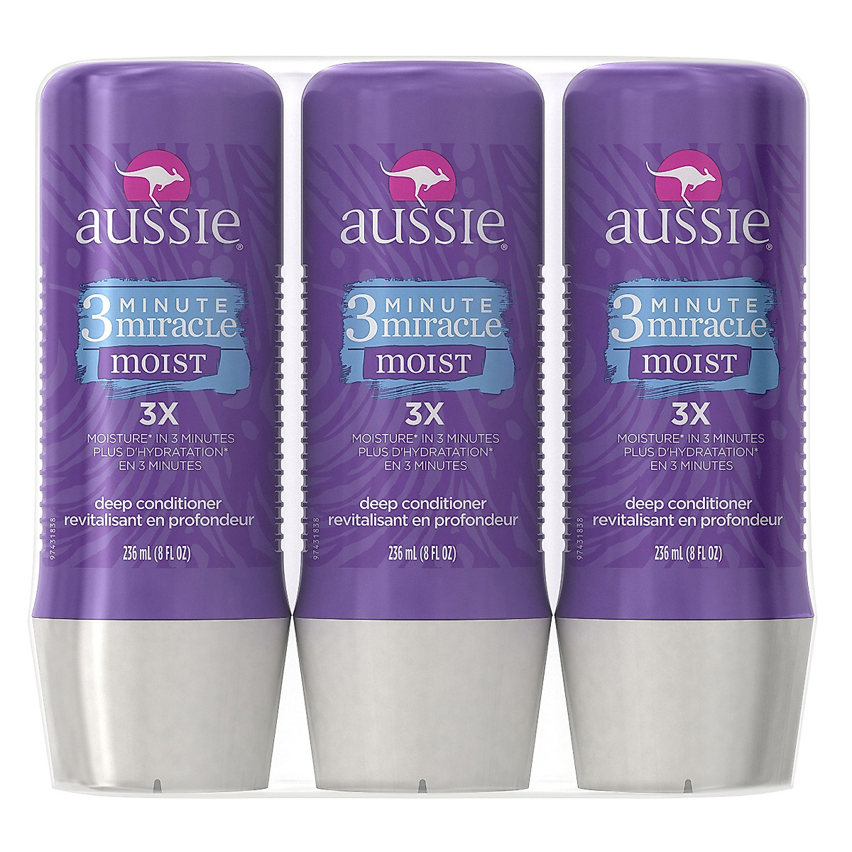 Aussie 3 Minute Miracle Moist Deep Conditioning Treatment, Detangler, 8 Fluid Ounces (Pack of 3) - Deep Conditioner