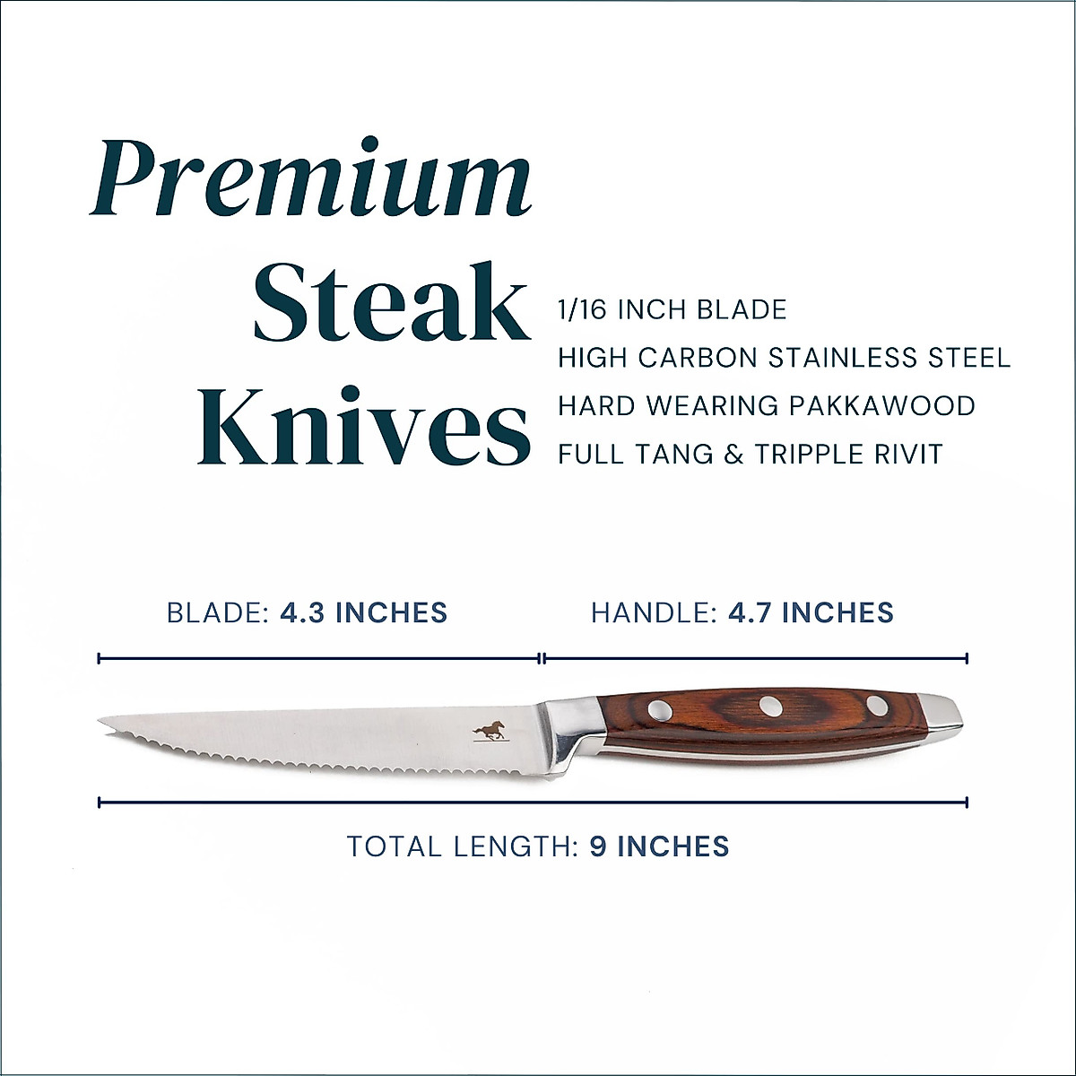 The Dinner Pony Serrated Steak Knives Set of 6 - Wooden Handle, Full Tang and Triple Riveted Design in Gift Box - Pakka Wood and High Carbon Stainless Steel