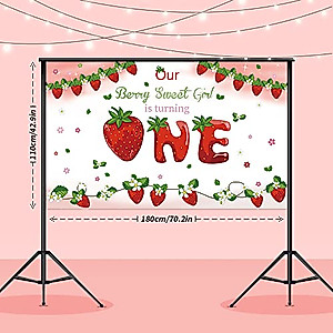 Strawberry 1st Birthday Backdrop for Girls, Our Berry Sweet is Turning Baby Girls First Birthday Background, 42.9 x 70.2 inches Photography Props Summer Fruits Kids Party Decorations