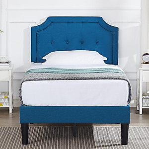 VECELO Twin Upholstered Platform Bed Frame with Adjustable Button Stitched Panel Headboard,Strong Wood Slat Support,Velcro Design,Mattress Foundation/Easy Assembly,Blue