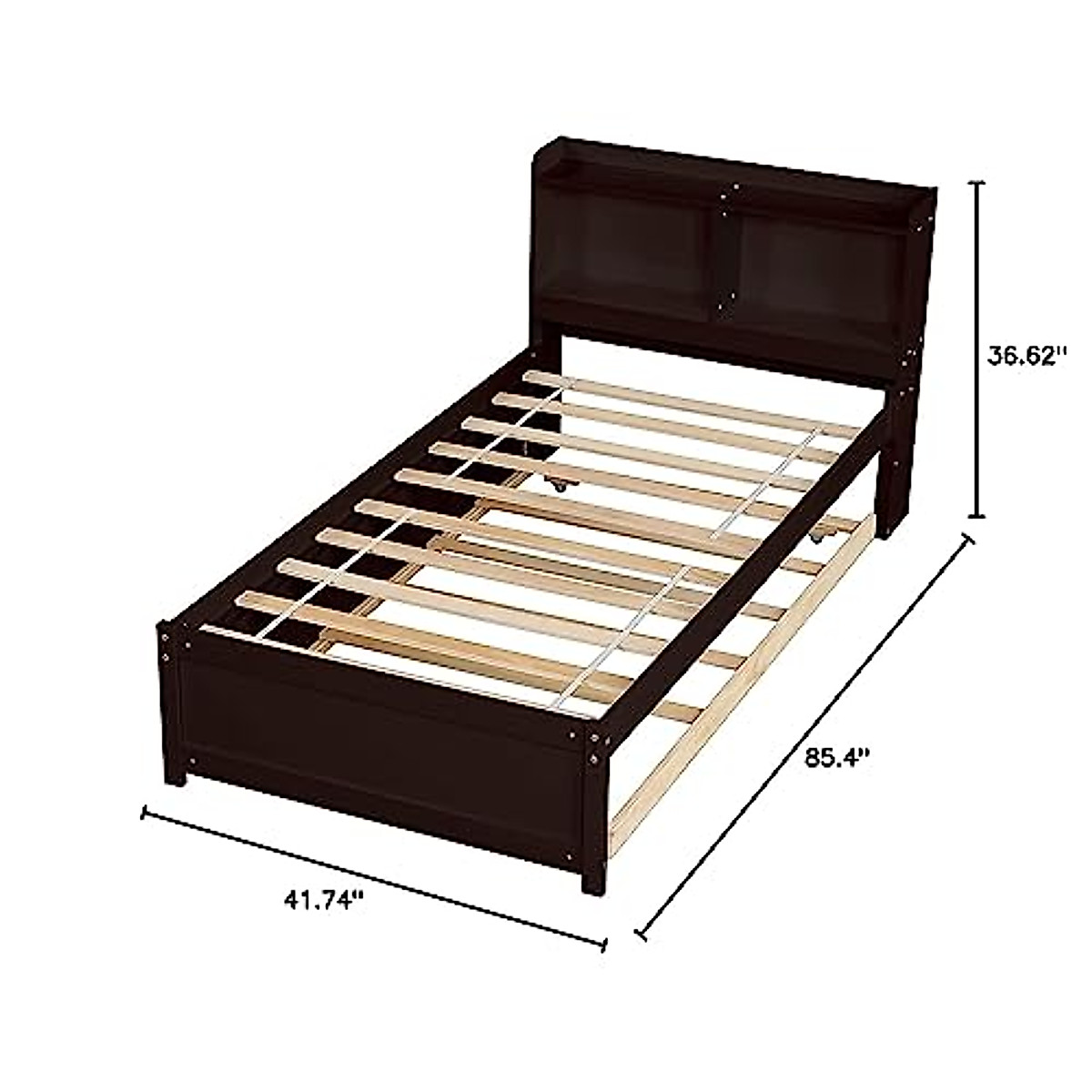 Harper & Bright Designs Twin Bed with Trundle, Twin Bed Frame with Bookcase Headboard, Wood Twin Platform Bed with Pull Out Trundle Bed for Kids Girls Boys,No Box Spring Needed,Espresso