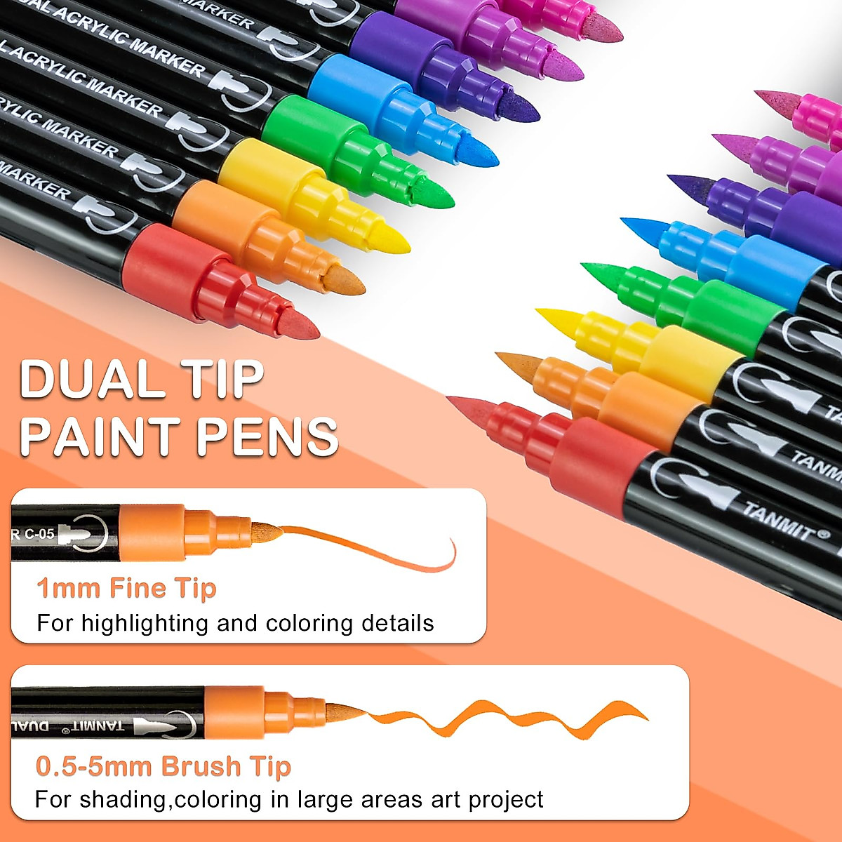 24 Colors Acrylic Paint Pens, Dual Tip Acrylic Paint Markers with Brush Tip and Fine Tip, Acrylic Pens for Rock Painting, Wood, Canvas, Stone, Glass, Ceramic,DIY Crafts Making Art Supplies