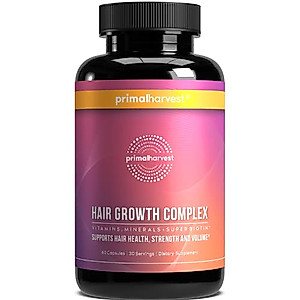 Hair Growth Vitamins by Primal Harvest, Hair Growth for Women & Men - 60 Hair Growth Pills, Natural Hair Thickening Products for Women & Men w/ Biotin & Zinc - Hair Supplement, Regrowth Hair Vitamins