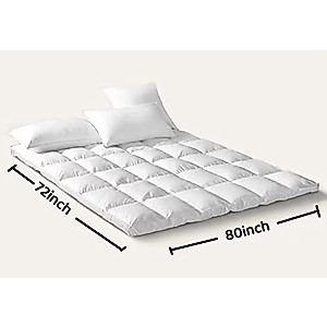 ROSE FEATHER Goose Down Feather Bed Mattress Topper,Down Matress Topper Cover with Straps,Plush Soft Fluffy Baffled Pillowtop Mattress Pad Feather Topper RV King-All Season(Size:72x80inchs)