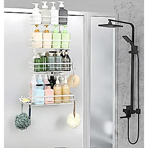 melos White Over The Door Shower Caddy, 4 Tier 29inch Height Adjustable over the door shower organizer Hanging Bathroom Shelf with Soap Holder, No Drilling