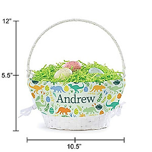 Dino Pattern Personalized Easter Egg Basket with Handle and Custom Name | Green Easter Basket Liners | White Basket | Woven Easter Baskets for Kids | Customized Easter Basket | Gift for Easter