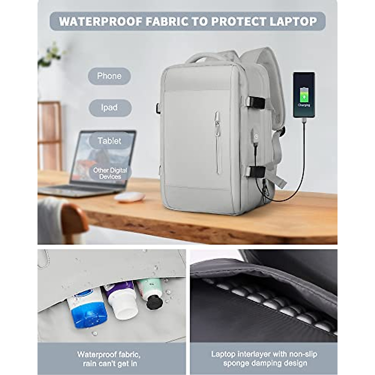 Large Travel Backpack Men,Carry On Backpack,Expandable Airline Airplane Flight Approved Weekender Backpack,Laptop Backpack,Waterproof 40l Business Travel Backpack Women,Overnight Backpack, Grey