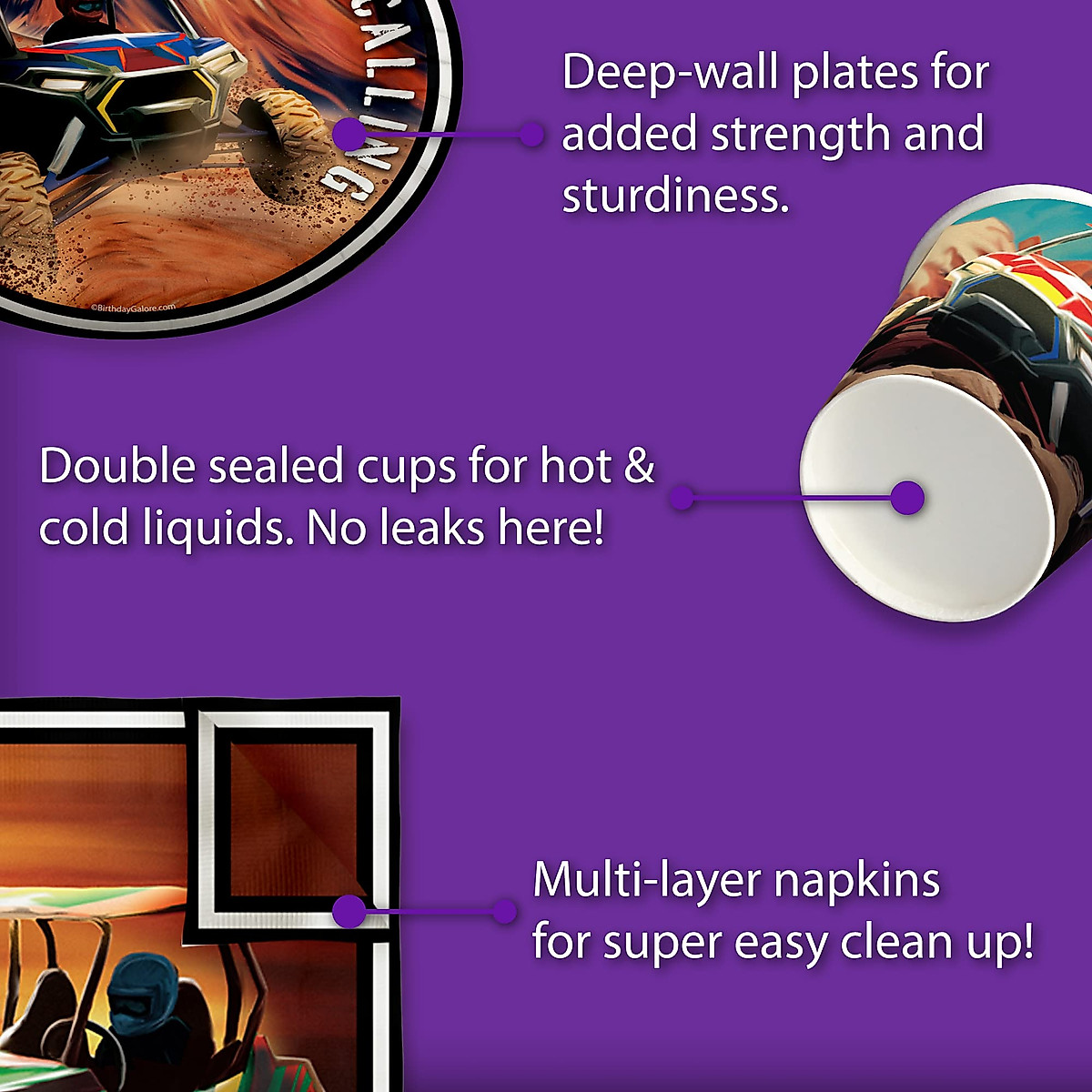 ATV Birthday Party Supplies Set - 4 Wheeler Birthday Party - Offroad Party Supplies - Racing Birthday Party Supplies | ATV Tableware Set Includes Plates, Napkins and Cups | Kit for 16