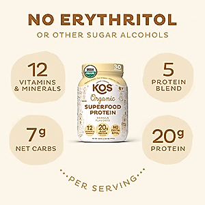 KOS Vegan Protein Powder Erythritol Free, Vanilla USDA Organic - Pea Protein Blend, Plant Based Superfood Rich in Vitamins & Minerals - Keto, Dairy Free - Meal Replacement for Women & Men, 30 Servings