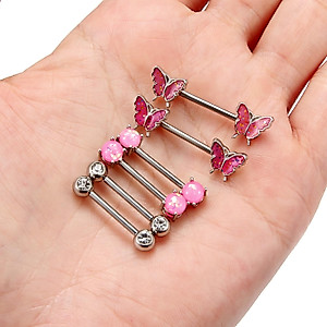 Vsnnsns 14G Nipple Rings for Women Stainless Steel Butterfly Nipple Rings Opal Nipple Piercing Jewelry Straight bar Nipple Rings Surgical Steel Nipple Jewelry Barbell Body Piercing Jewelry Pink