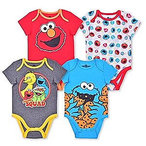 Sesame Street Boys’ 4 Pack Bodysuit for Newborn and Infant – Blue/Red/Grey/White