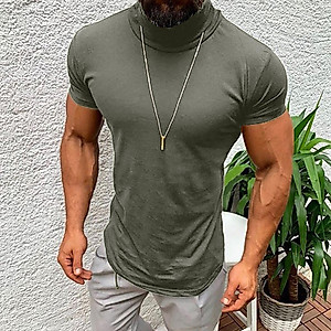 Shirt for Men Turtleneck Solid Short Sleeve Tops Blouse Casual Spring Summer Cotton Blend Shirts