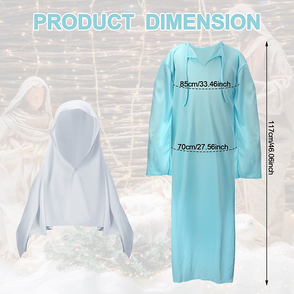 Hicarer Child Mary Costume Kids Biblical Costumes for Kids Girls Virgin Mary Costume with White Headpiece Belt Blue Robe Christian